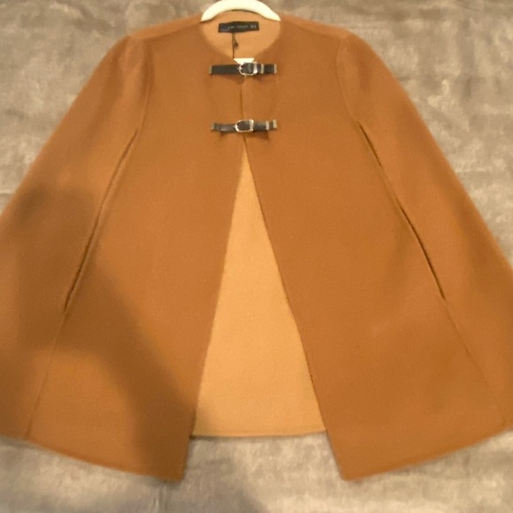 Zara | Jackets & Coats | Zara Tan Cape Jacket With Buckle Closure ...
